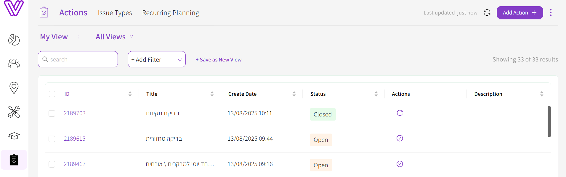 Action Management Screen – Vitre Support